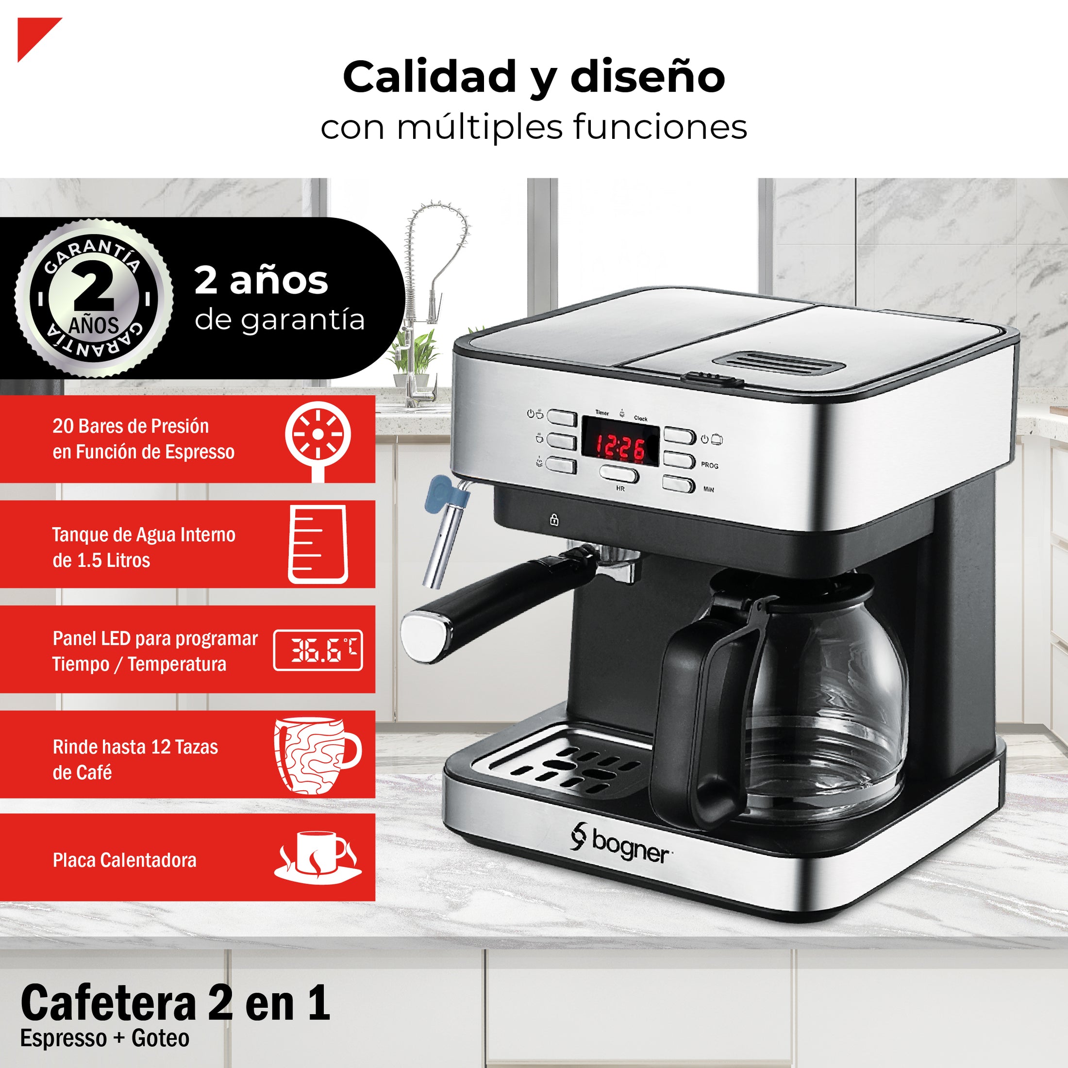 Cafetera 2 en 1 Espresso + Goteo Acero Inoxidable Bogner – bognermex